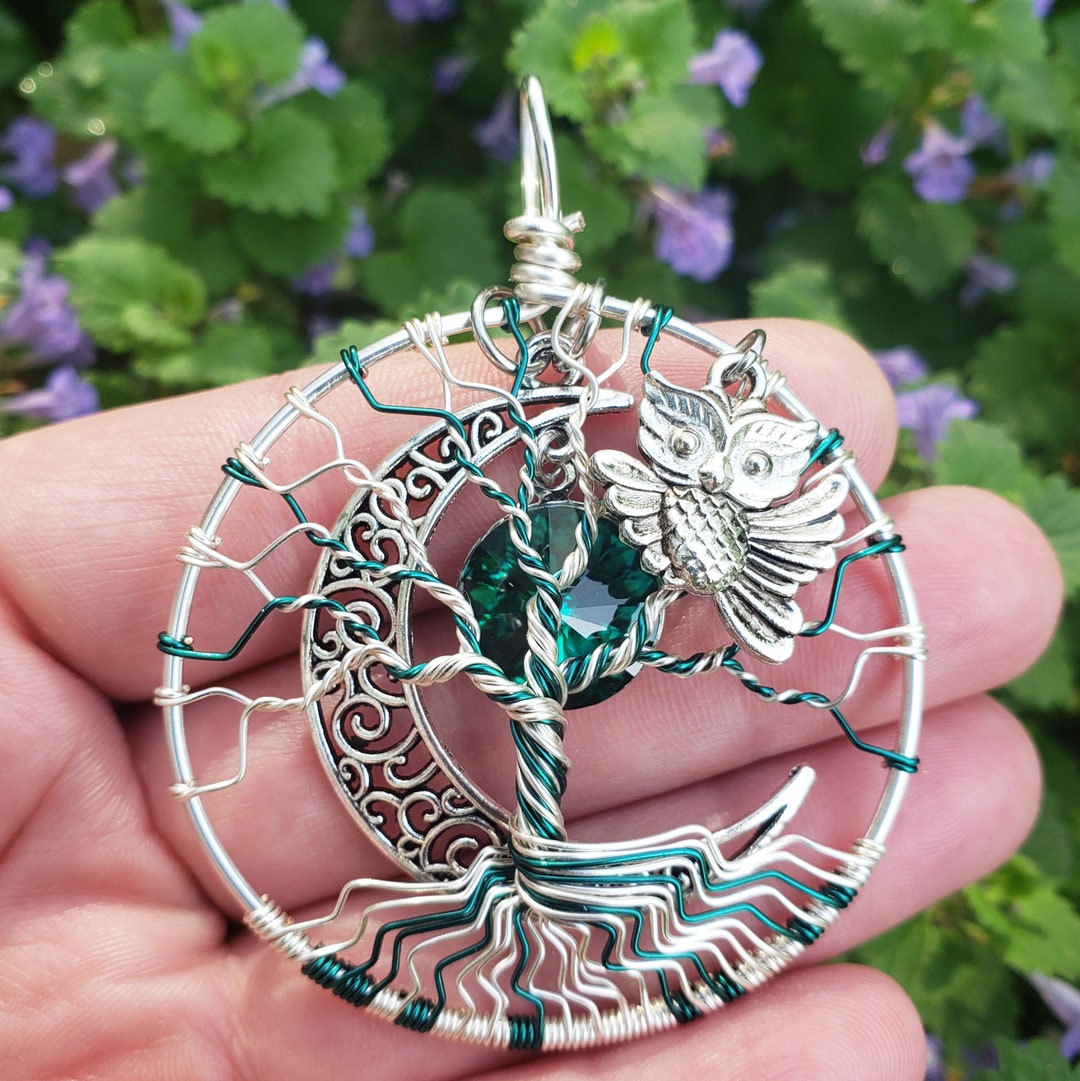 Emerald Owl Tree of Life Pendant / Owl Jewelry / Pagan Pendant / Witchy ...