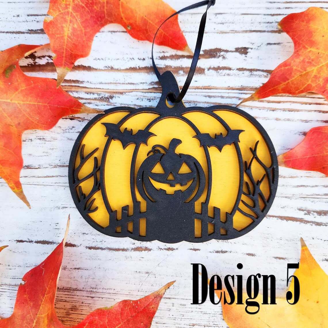 Spooky Wood Pumpkin Ornaments / Ghost Bats Cat and Haunted House ...