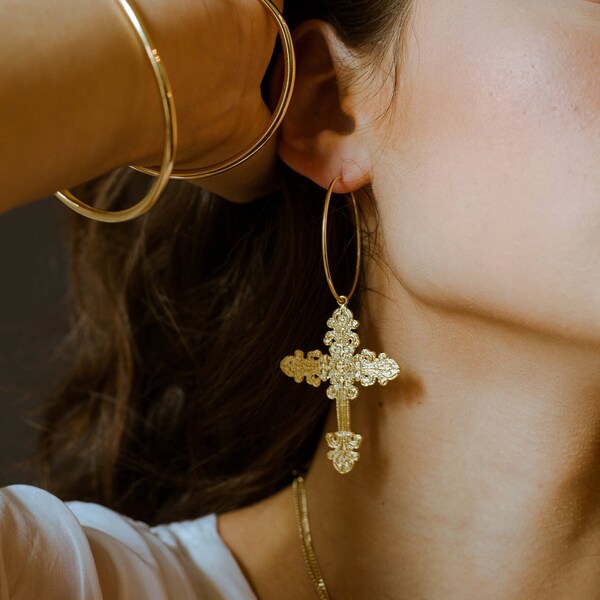 Large Hoop and Cross Earrings - Etsy