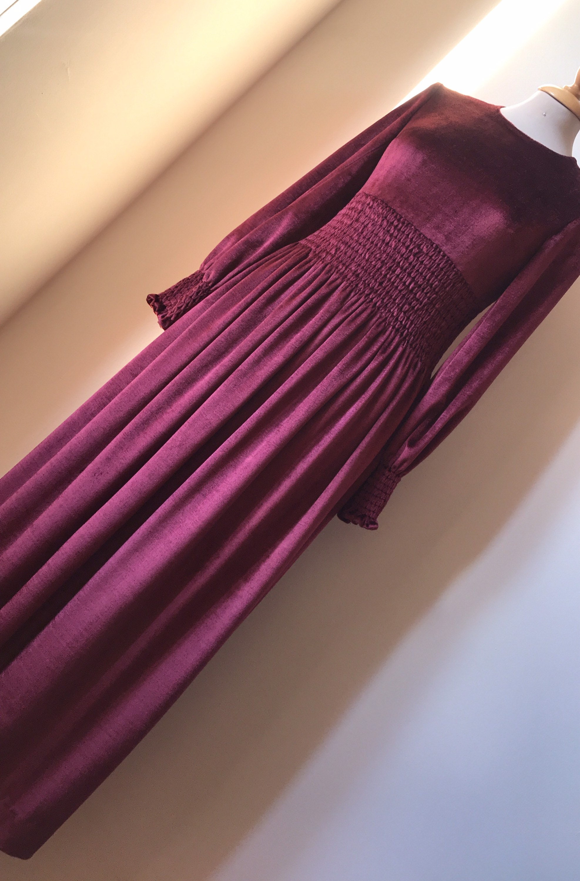 Vintage 70’s Smocked Silky Velvet Midi Dress / Crushed Berries Forest ...