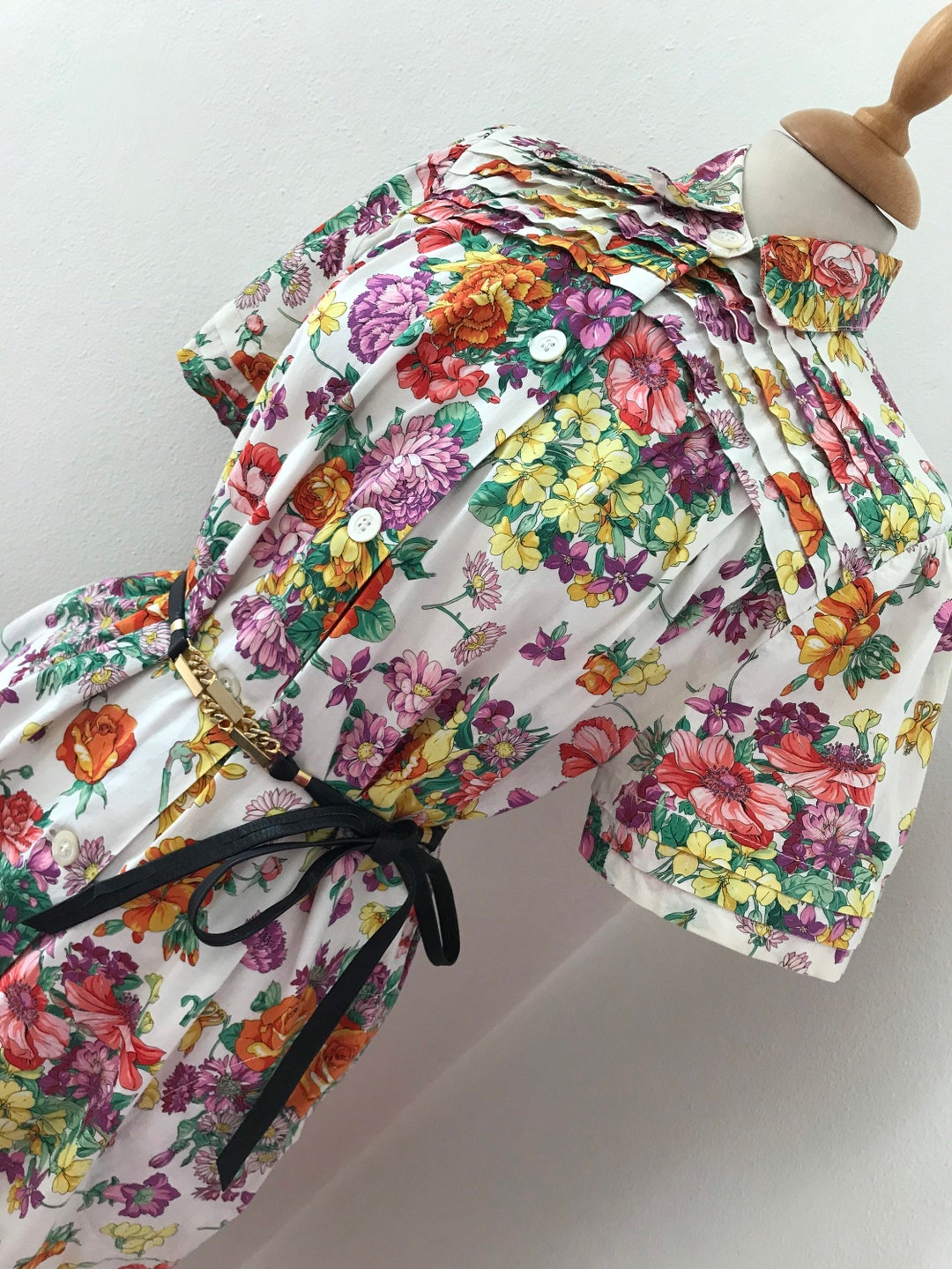 Vintage 80s Gucci-style Floral Cotton Chemisier Shirtwaister Dress ...
