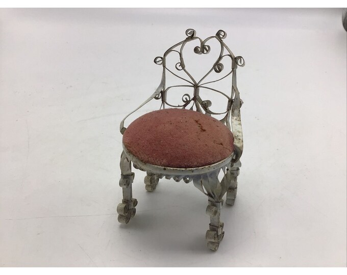 Pin Cushion Chair Tin Can Folk Art Bent Scroll Twisted Metal White ...