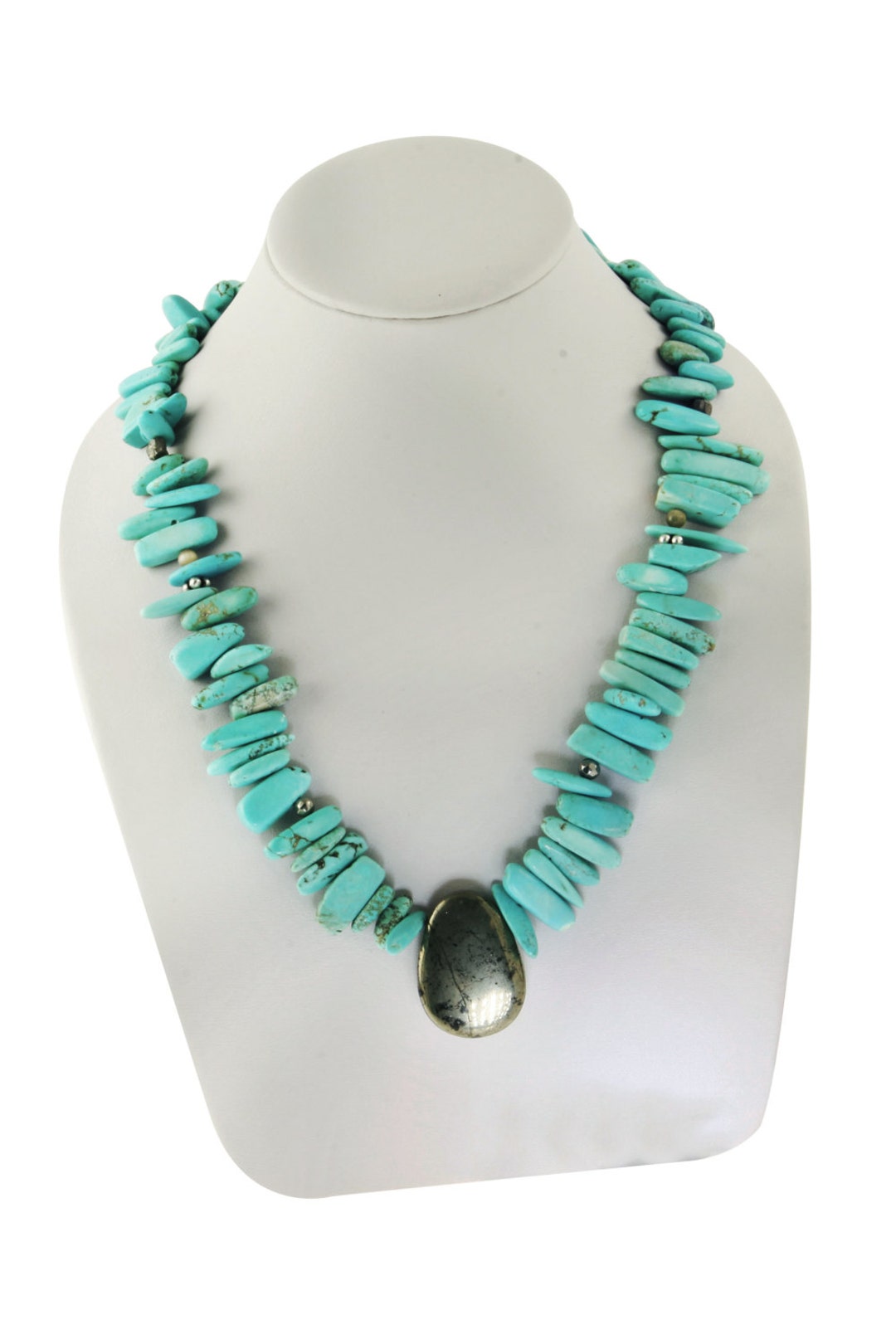 Handmade 17.75” Blue Necklace: Turquoise, Titanium Druzy, Pyrite ...