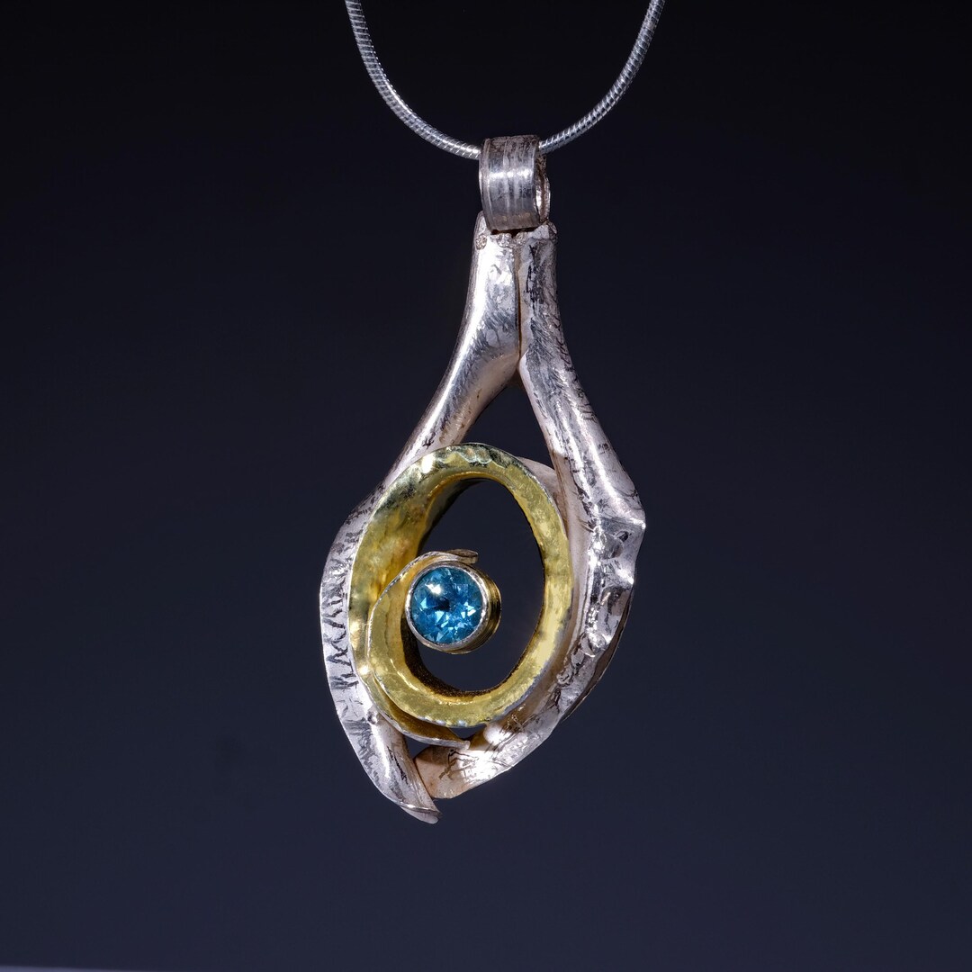 Hand-forged Pendant in 18K Gold, Sterling Silver, and Blue Apatite - Etsy