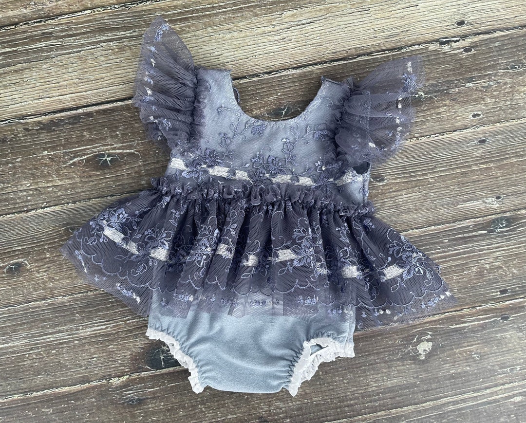 Newborn Dusty Blue Romper, Stretchy Wrap, Sleepy Hat, Baby Girl Ruffled Romper Dress, Newborn ...