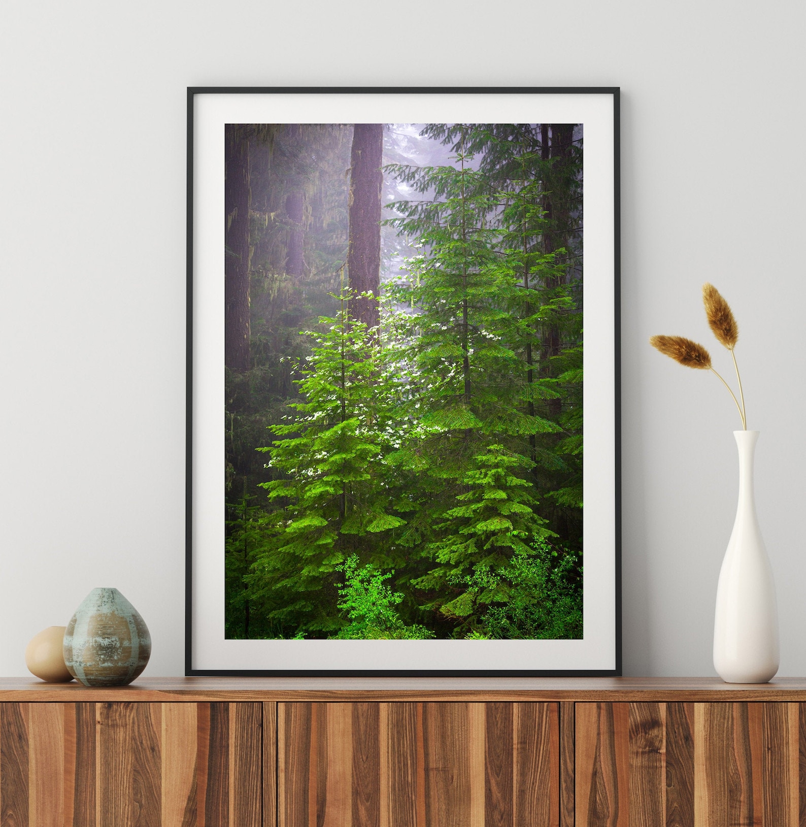 Large Oregon Forest Print, Dreamy Misty Trees, Relaxing Dogwood Flower ...