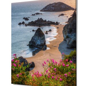 Oregon Beach Photo, Rocky Pacific Coast Home Decor, Pink Flower Canvas ...
