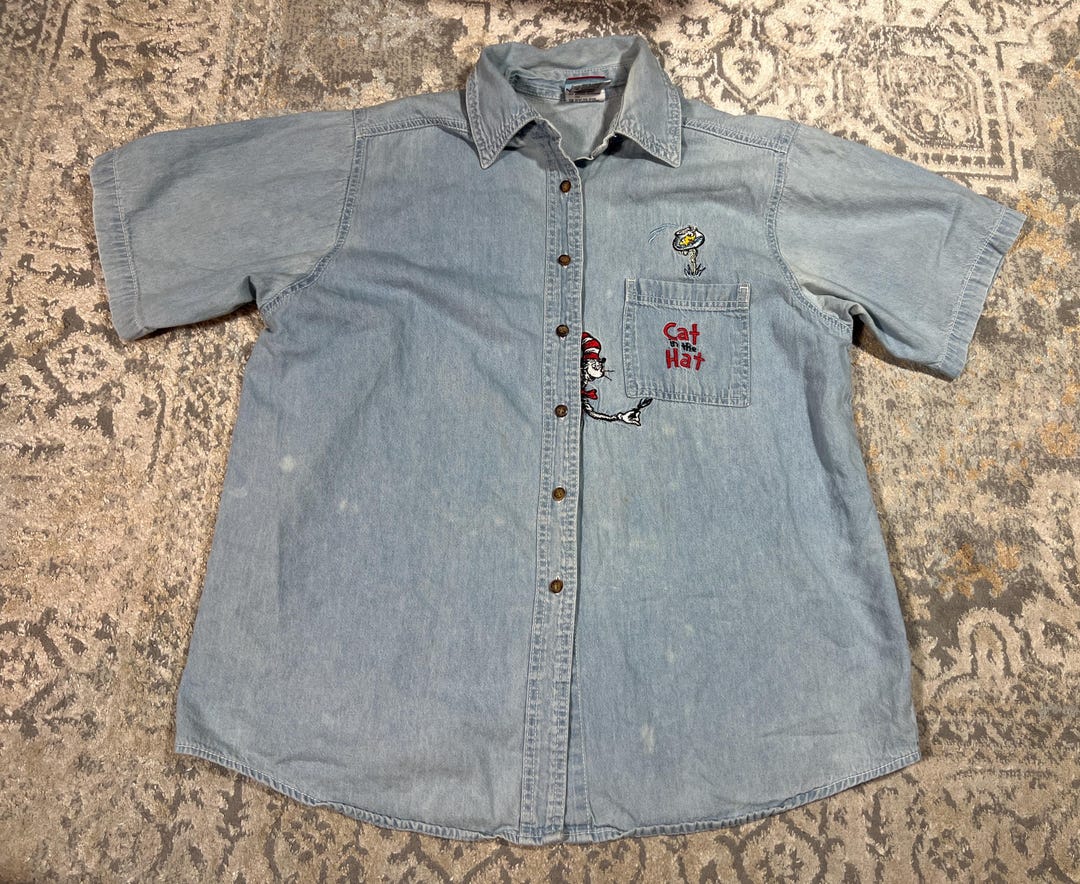 Vintage Dr Seuss Brand Women Denim Cat in the Hat Button up 14W/16W ...