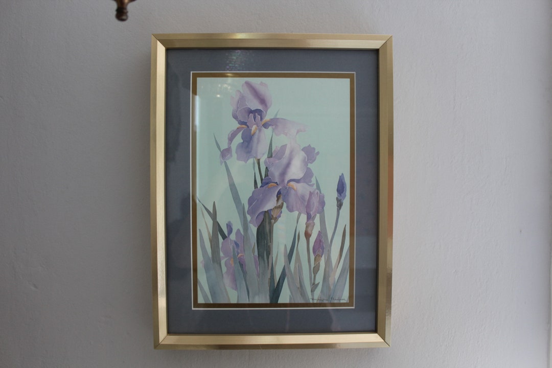 Vintage 80s Deco Revival Purple Iris Print in Gold Brass Style Frame by ...
