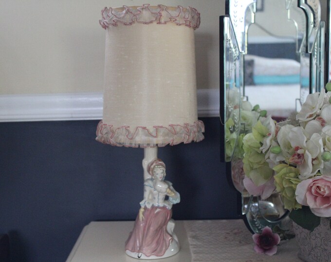 Vintage Pink Boudoir Lamp With Ruffled Drum Shade, 1950s Figural ...