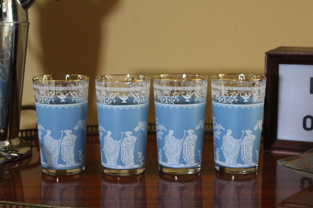 Midcentury Set of 4 Blue Greek Drinking Glasses, Vintage Jeannette ...
