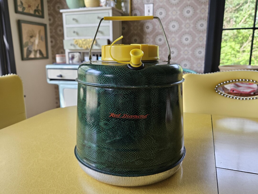 Vintage Poloron Red Diamond Green Snakeskin Thermos Jug With Ceramic ...