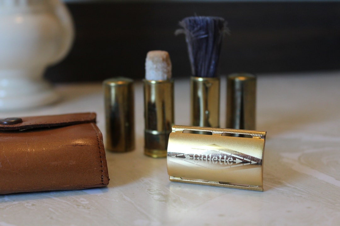 Vintage Rare Gold Gillette Razor in Travel Case With Canisters, Black ...