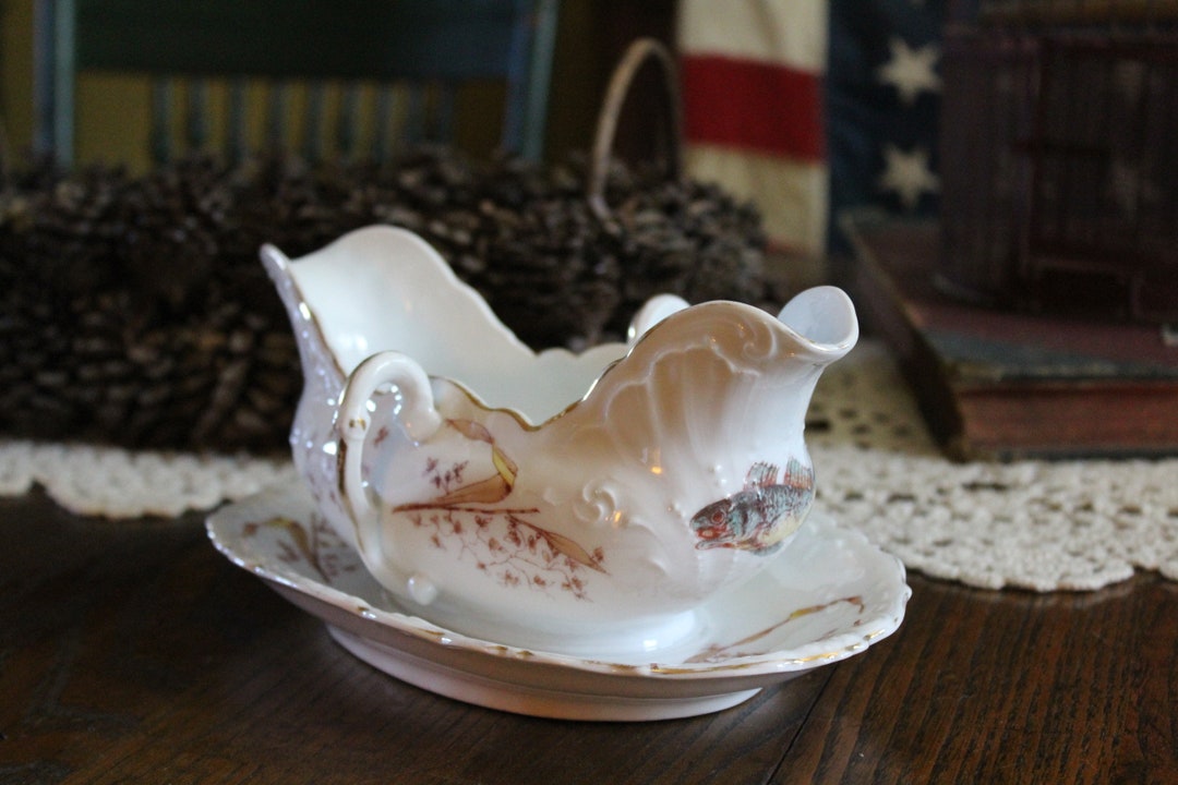Antique Porcelain Sauce Dish With Fish and Seaweed, Vintage AK Carlsbad ...