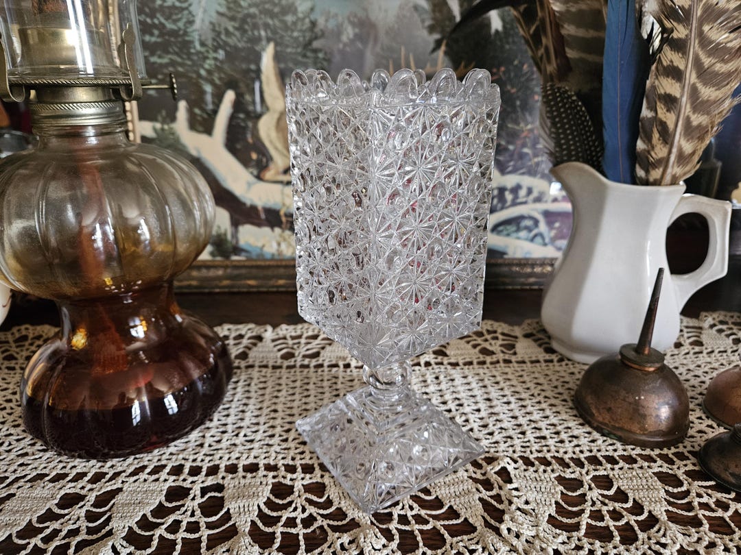 Vintage Square Glass Celery Vase in Daisy and Button Pattern, Square ...