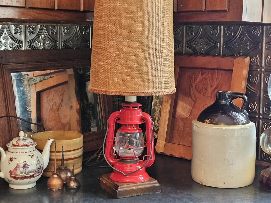 Vintage Red Lantern Lamp With Shade, Ranch Craft Electric Oil Lamp and ...