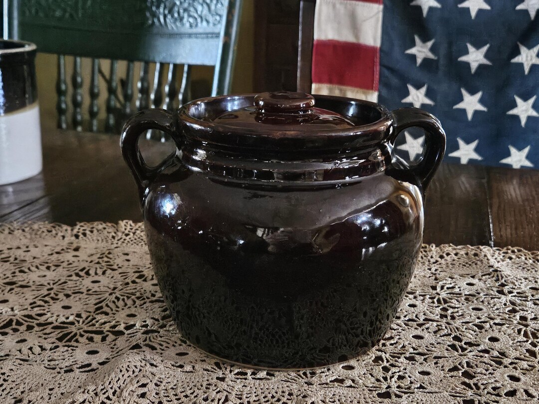 Antique Bean Pot, Vintage Brown Bean Pot With Lid, Glossy Brown Pottery ...