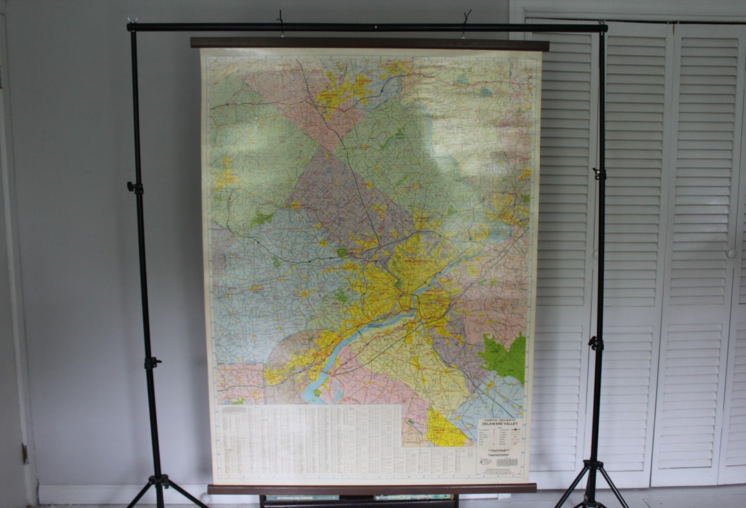 Vintage Large Delaware Valley Hanging Map, 1980s Pull Down Map ...