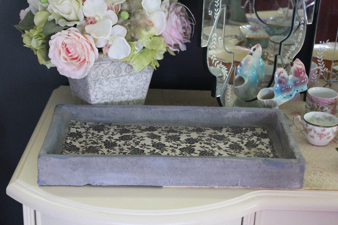Vintage Large Concrete Tray With Black Roses, Cement Gardening Tray ...