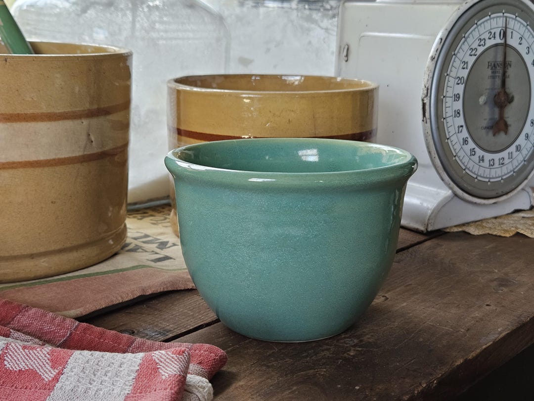 Antique Small Green Stoneware Bowl, Light Rings, Rolled Rim, Vintage ...