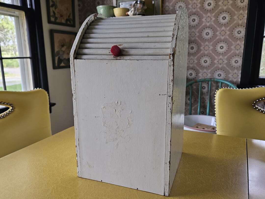 Vintage White Wooden Kitchen Bin With Tambour Door and Red Bakelite ...