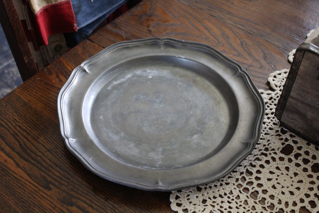 Antique Pewter Tray, 1800s Vintage Large Pewter Tray, 13" Heavy Round ...
