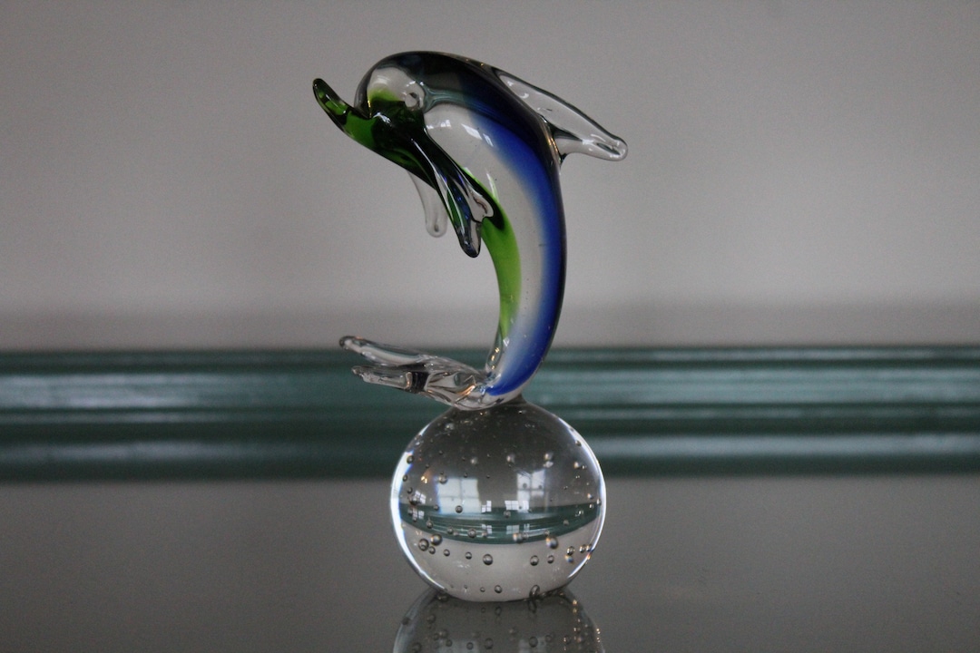 Vintage Glass Dolphin Sculpture, Murano Glass Dolphin on Ocean Bubble ...