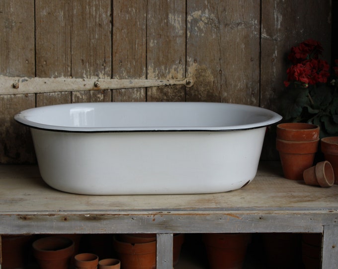 Vintage Extra Large 28 1/4" Enamelware Washtub, White With Black ...