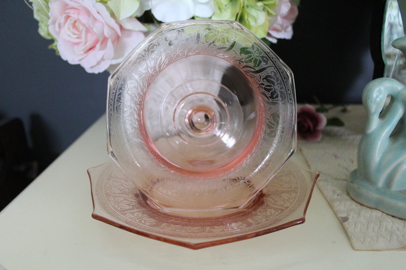 Vintage Pink Depression Glass Compote and Underplate Pink - Etsy
