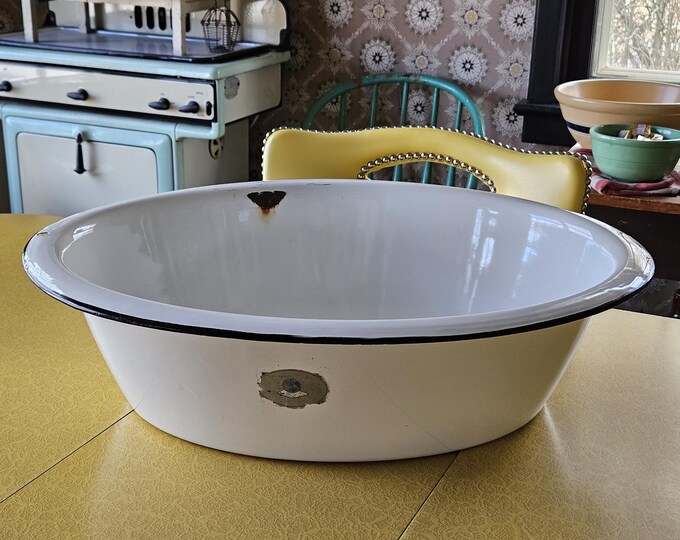 Vintage Large 22" Enamelware Washtub With Label, White With Black ...