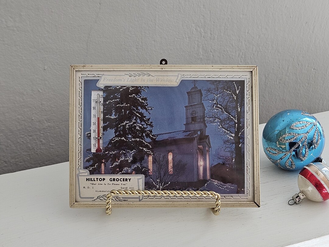 Vintage Christmas Church Thermometer Picture W/ Glitter Trees in Metal ...