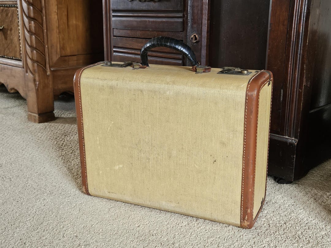 Vintage Tweed Suitcase, 1940s Small Beige Tweed Suitcase With Green ...