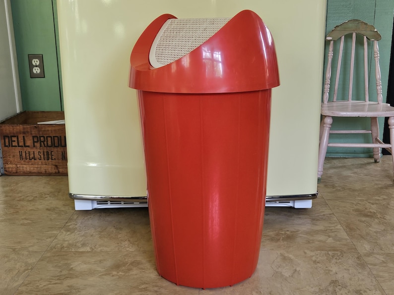 Midcentury Mod Orange Red Kitchen Garbage Can, 1970s Full Size Dome ...