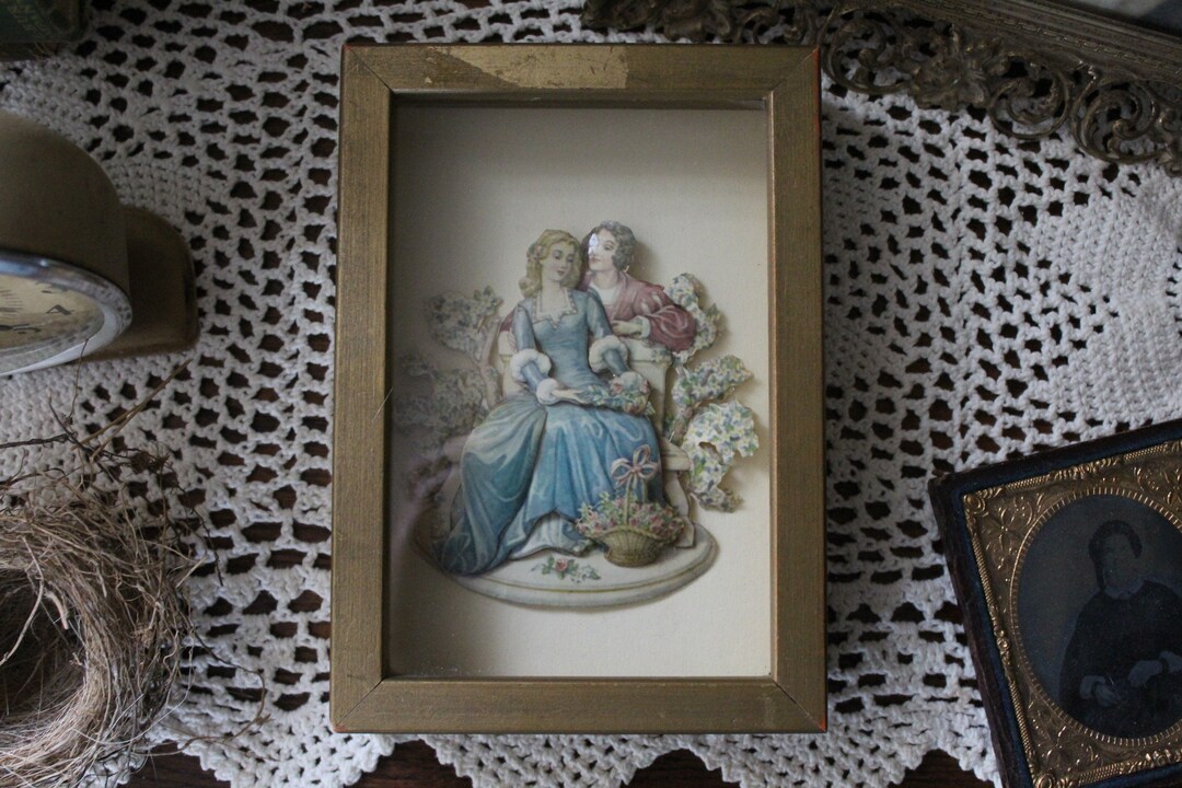 Vintage Framed 3D Paper Art Courting Scene Picture by Delores Patzer ...