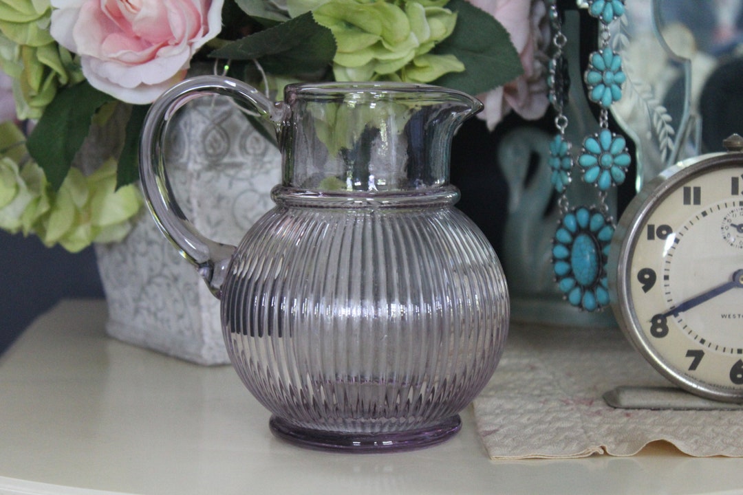 Antique Purple Glass Milk Pitcher With Vertical Ribs, Manganese Glass ...