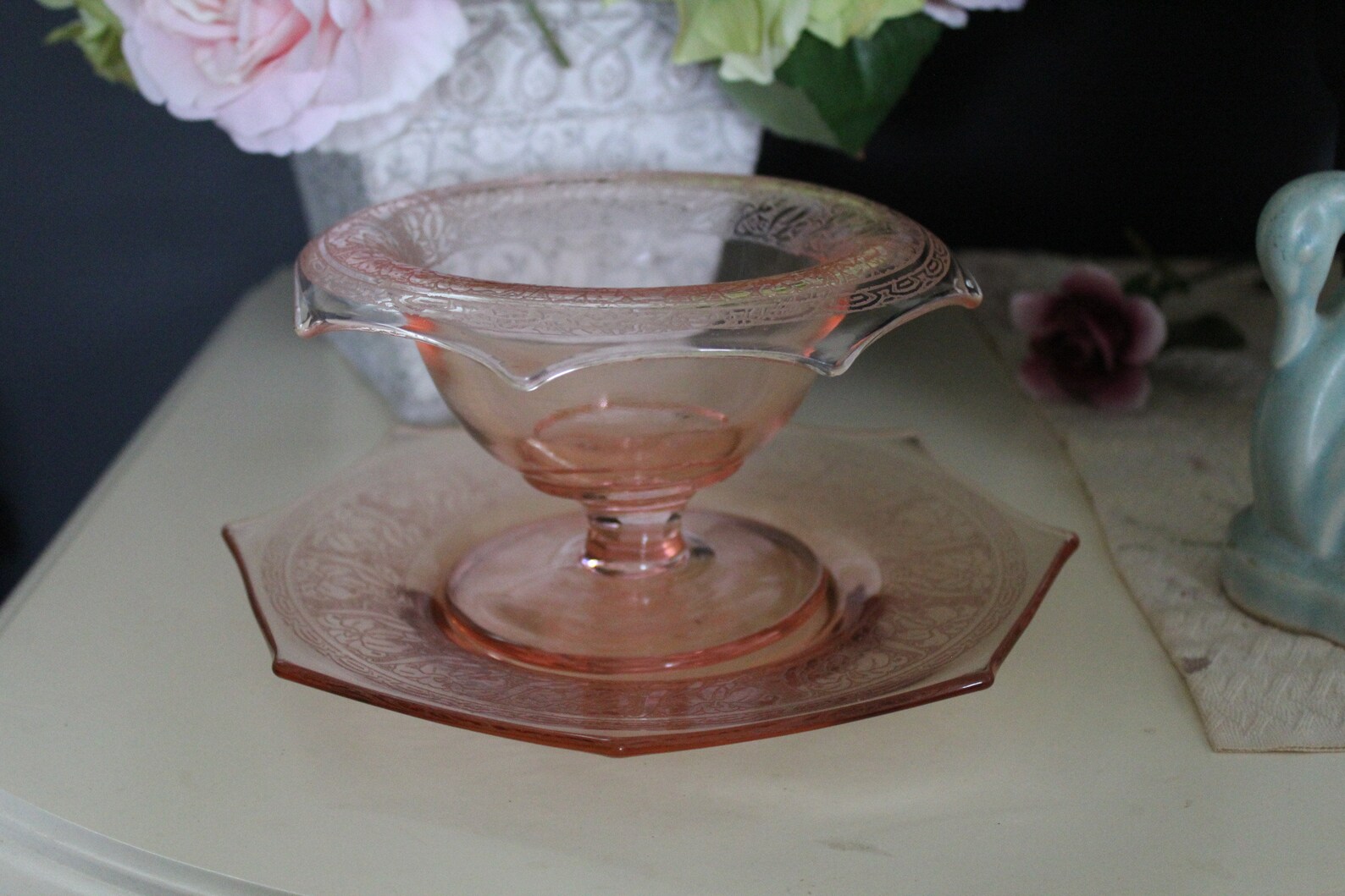 Vintage Pink Depression Glass Compote and Underplate Pink - Etsy