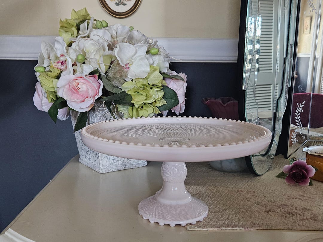Vintage Jeannette Pink Milk Glass Cake Stand, Pink Cake Stand, Harp ...