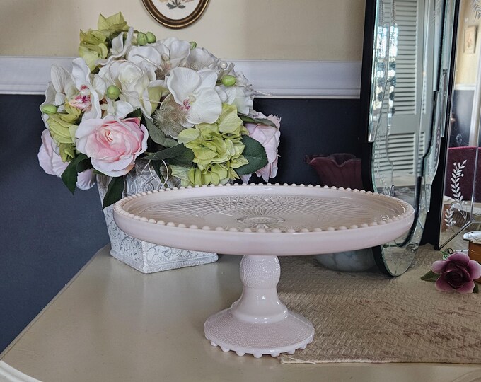 Vintage Jeannette Pink Milk Glass Cake Stand, Pink Cake Stand, Harp ...