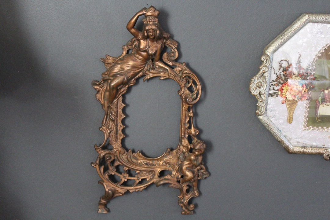 Antique French Copper Cast Iron Victorian Frame With Woman and Cherub ...