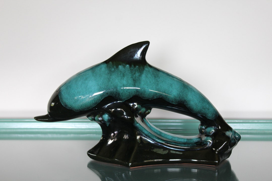 Vintage Large 15 1/2 Blue Mountain Pottery Dolphin, Green Drip Glaze ...
