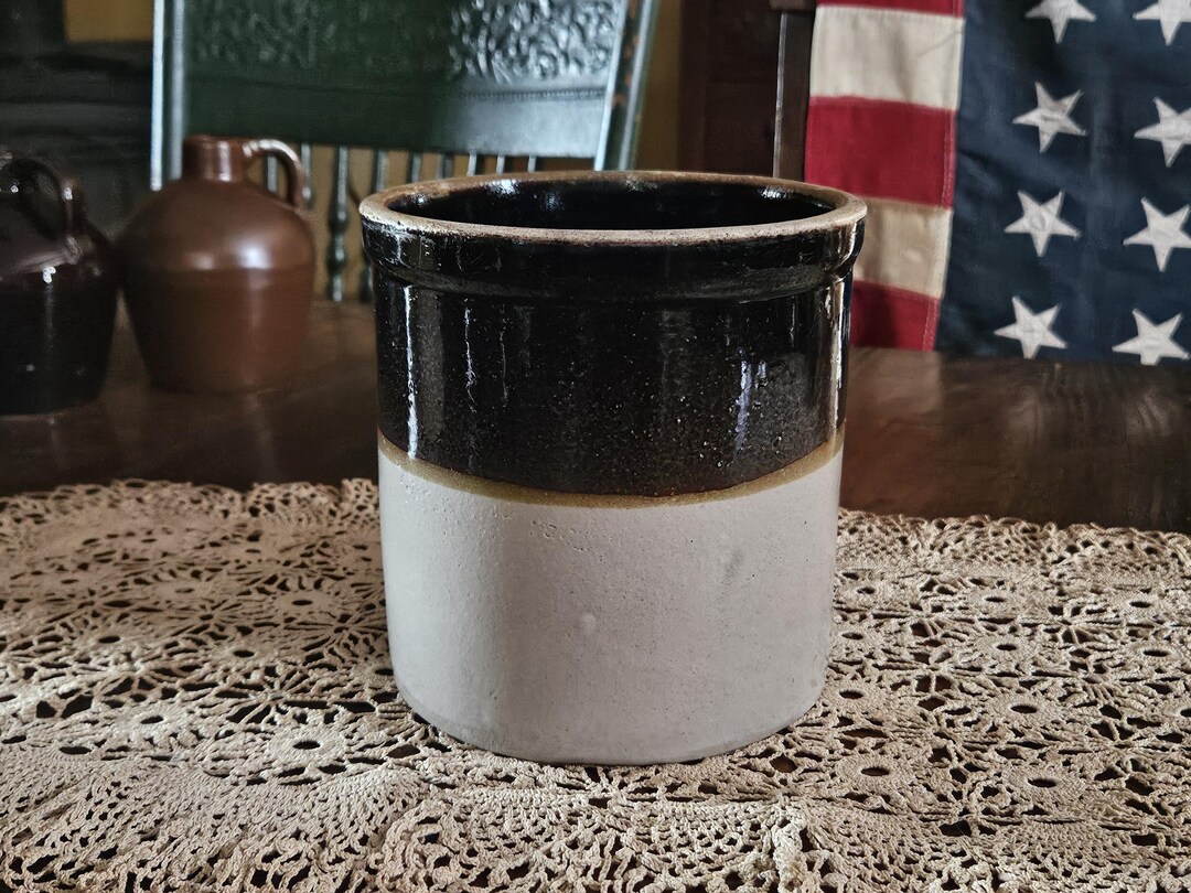 Antique Stoneware Crock, Vintage Stoneware Crock, 2 Tone Crock, Small ...