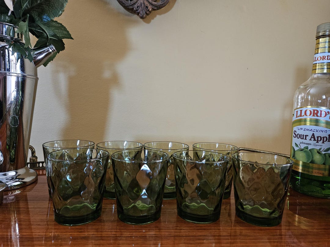 Set of 8 Vintage Green Diamond Rocks Glasses, Hazel Atlas Diamond Optic ...