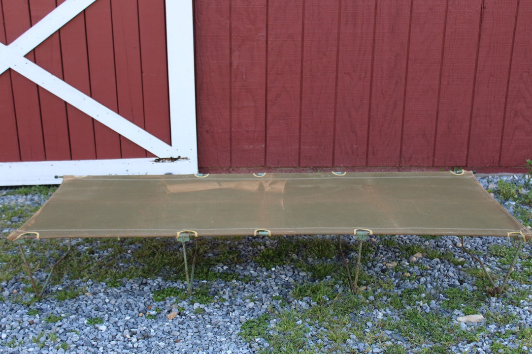 Vintage Army Cot With Cast Iron Frame, Army Green Canvas Folding Cot ...