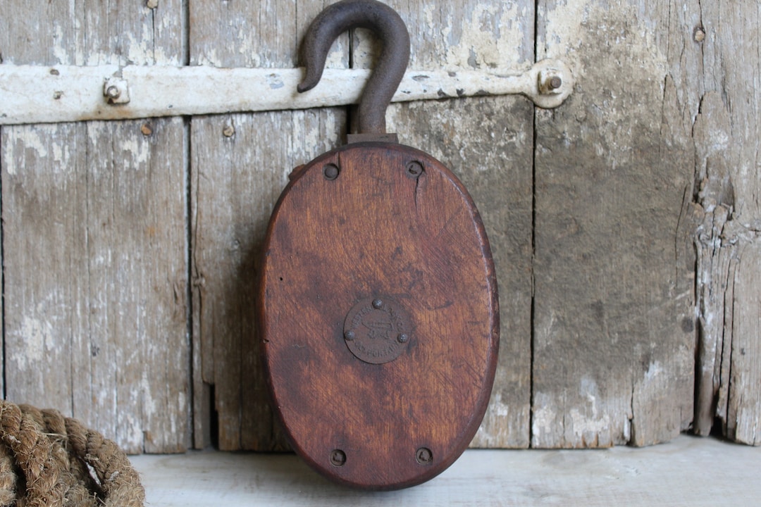 Antique Large 12" Wooden Pulley With Iron Hook, Western Lock Co Pulley ...