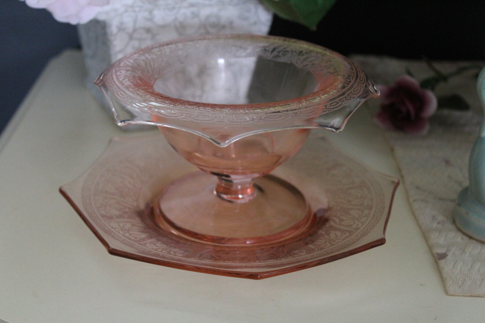 Vintage Pink Depression Glass Compote and Underplate Pink | Etsy