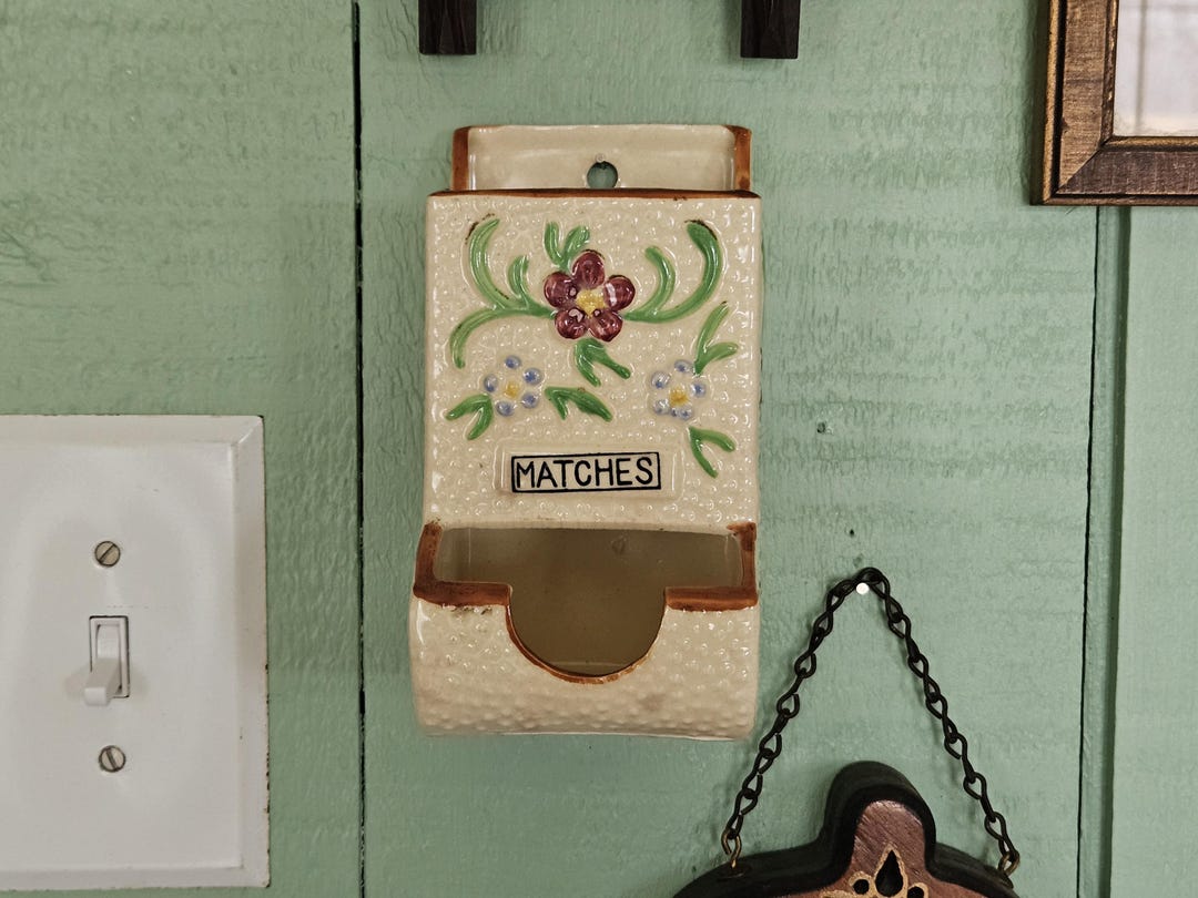 Vintage Ceramic Match Safe, Floral Wall Mount Match Safe, Hanging Match ...