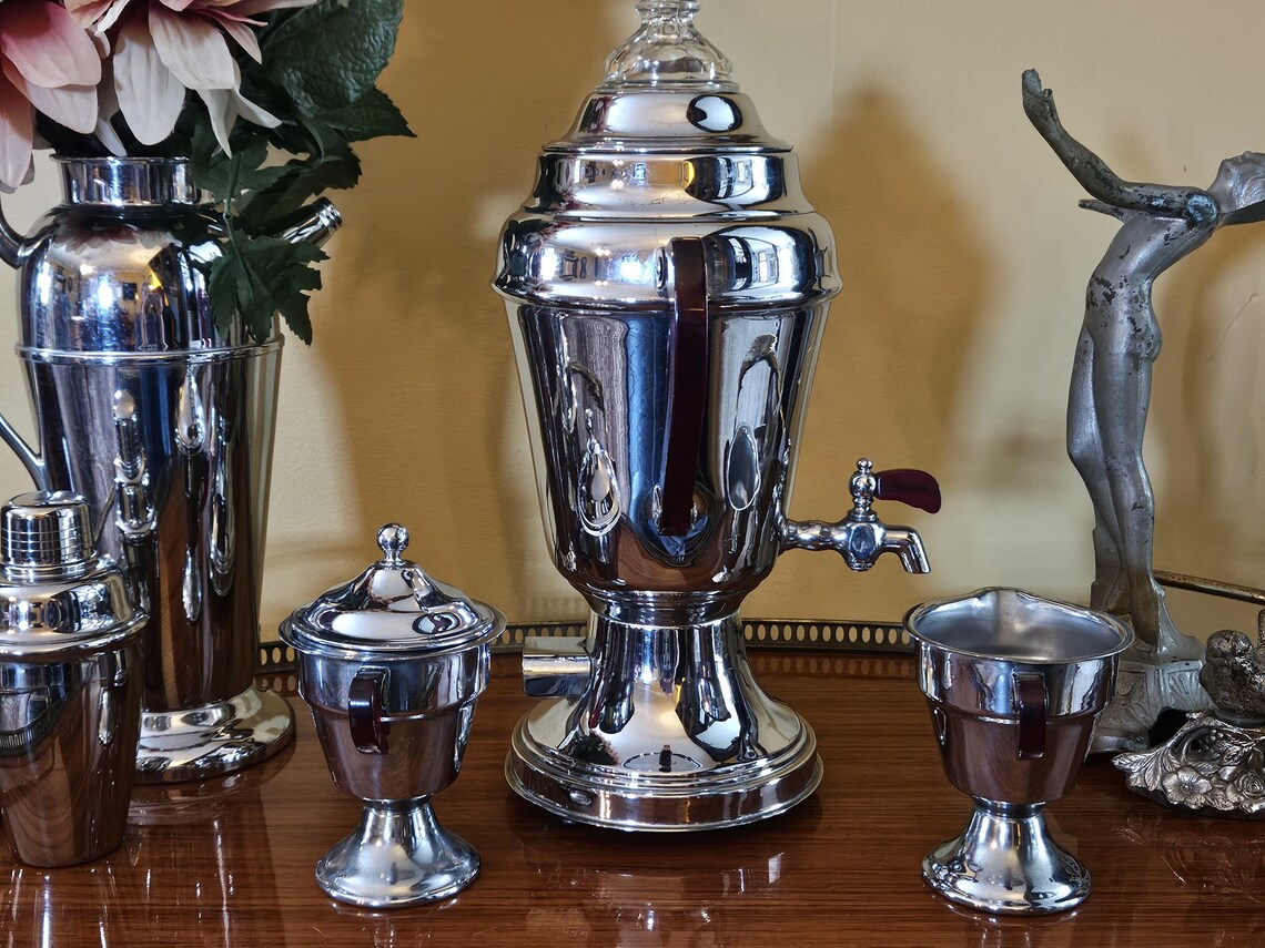 Vintage United Chrome Coffee Percolator and Sugar and Creamer With Red ...
