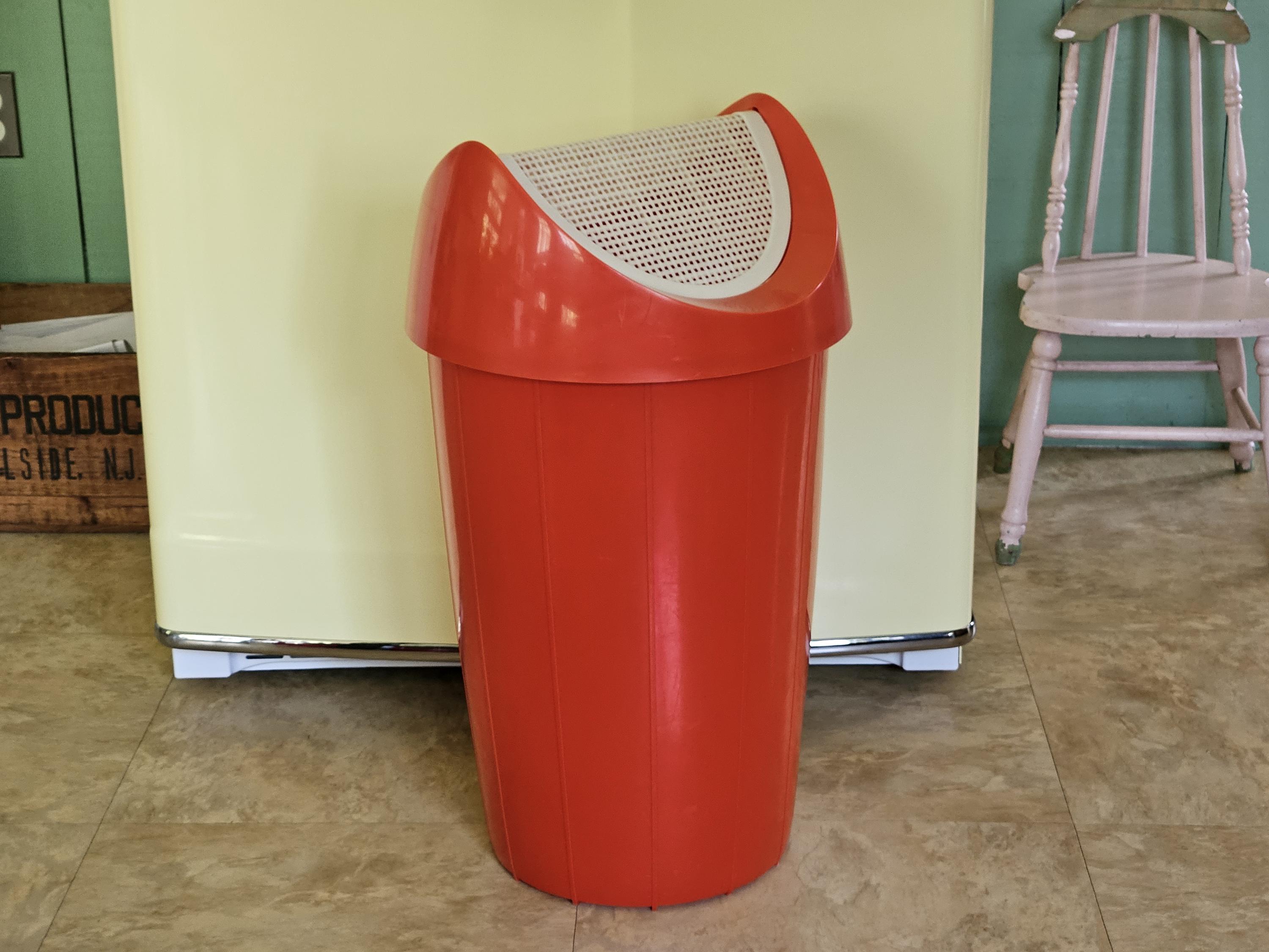 Midcentury Mod Orange Red Kitchen Garbage Can, 1970s Full Size Dome ...