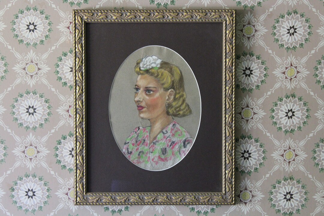 Vintage Large Framed Portrait of Blonde Woman, Pastel Painting of Lady ...