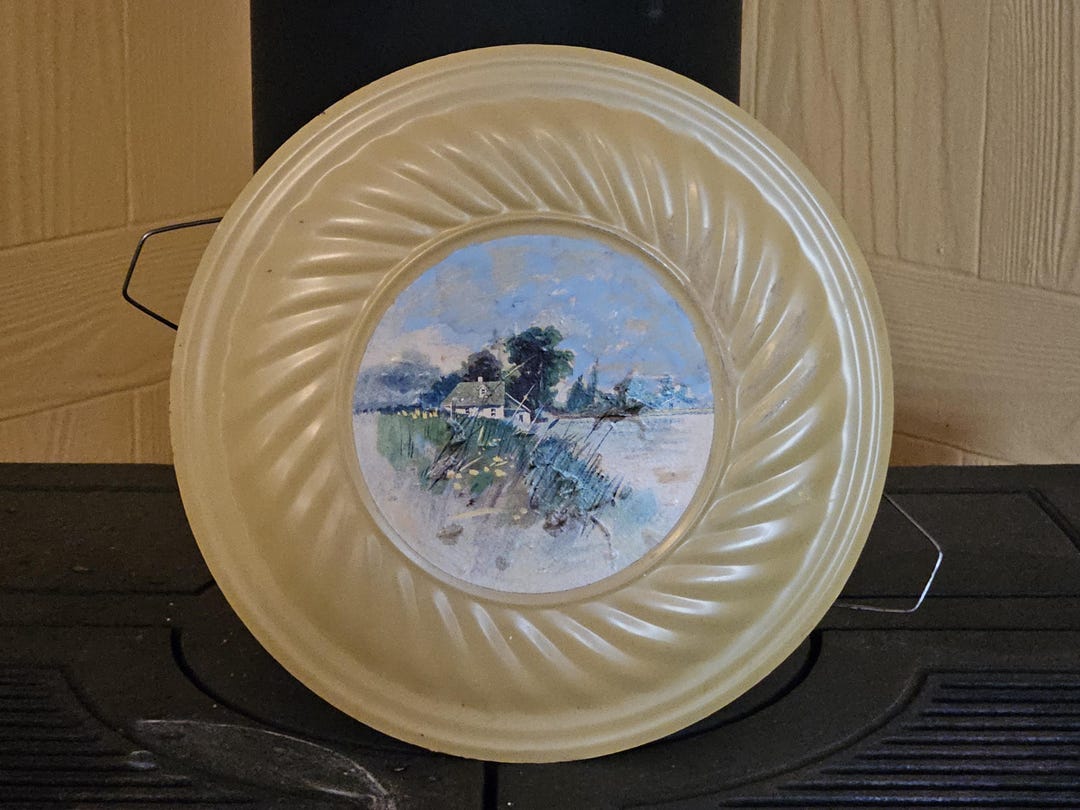 Vintage Flue Cover, Mustard Metal Flue Cover and Lake Scene Picture ...